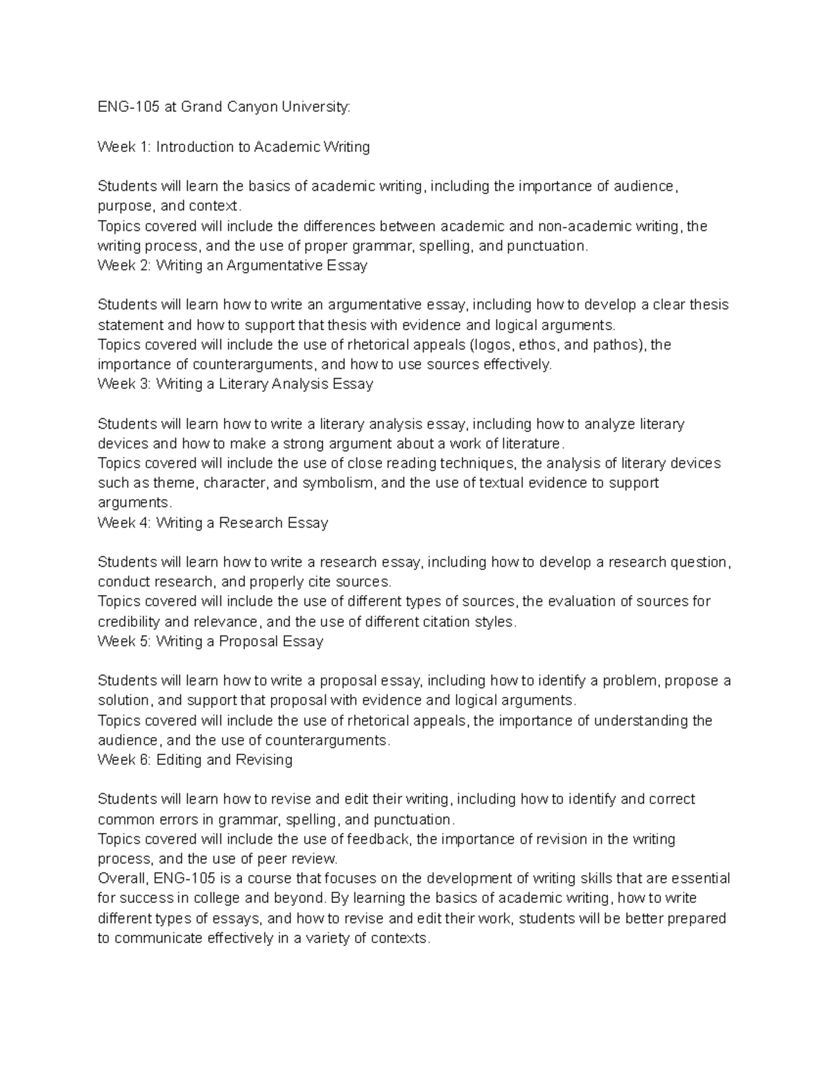 Class Summery 23/24 - ENG-105 at Grand Canyon University: Week 1 ...