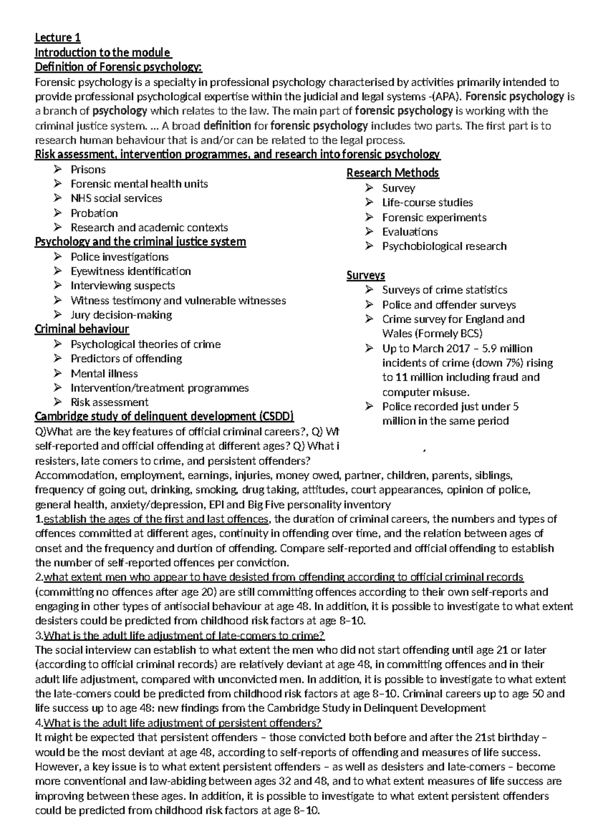 Updated forensic psychology notes - Lecture 1 Introduction to the ...