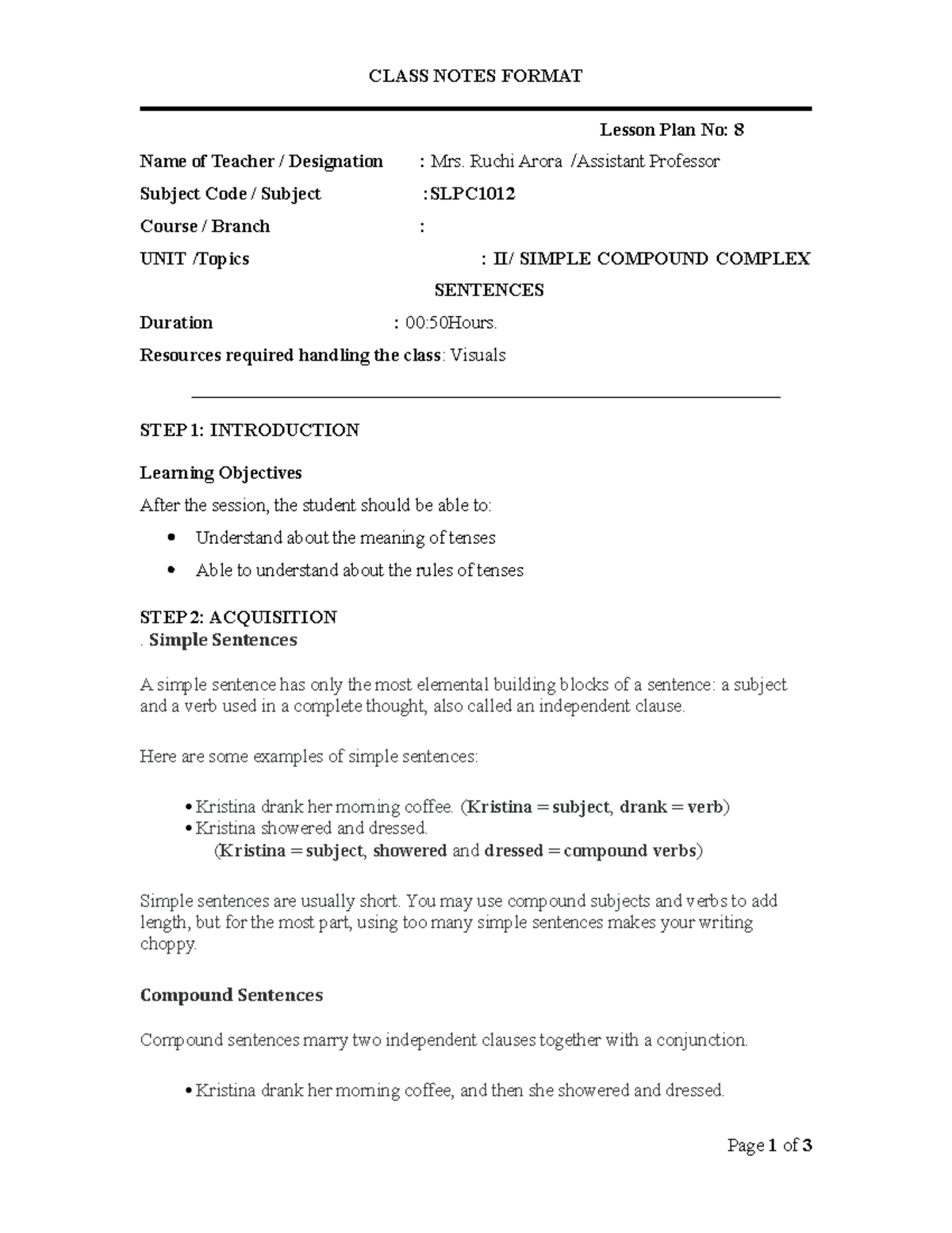 LP 8 Simple , Compound , Complex Sentences - CLASS NOTES FORMAT Lesson ...