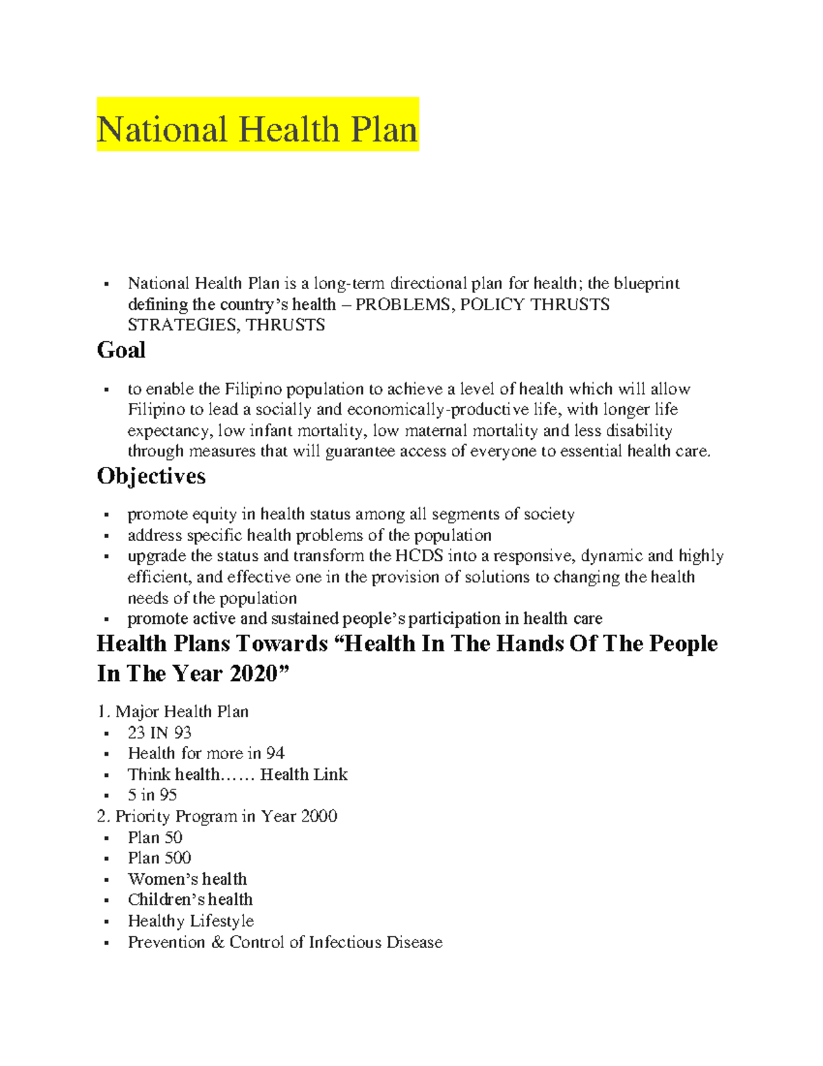 National Health Plan - Objectives promote equity in health status among ...