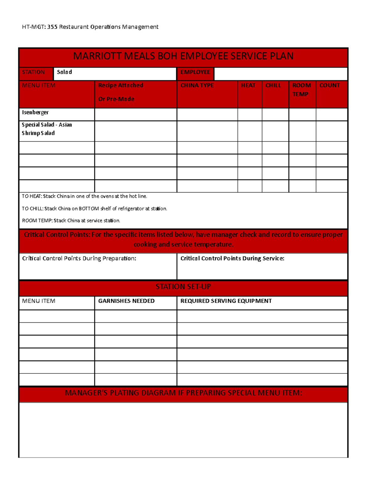 Marriott Meals BOH Employee Service PLAN - HT-MGT: 355 Restaurant ...