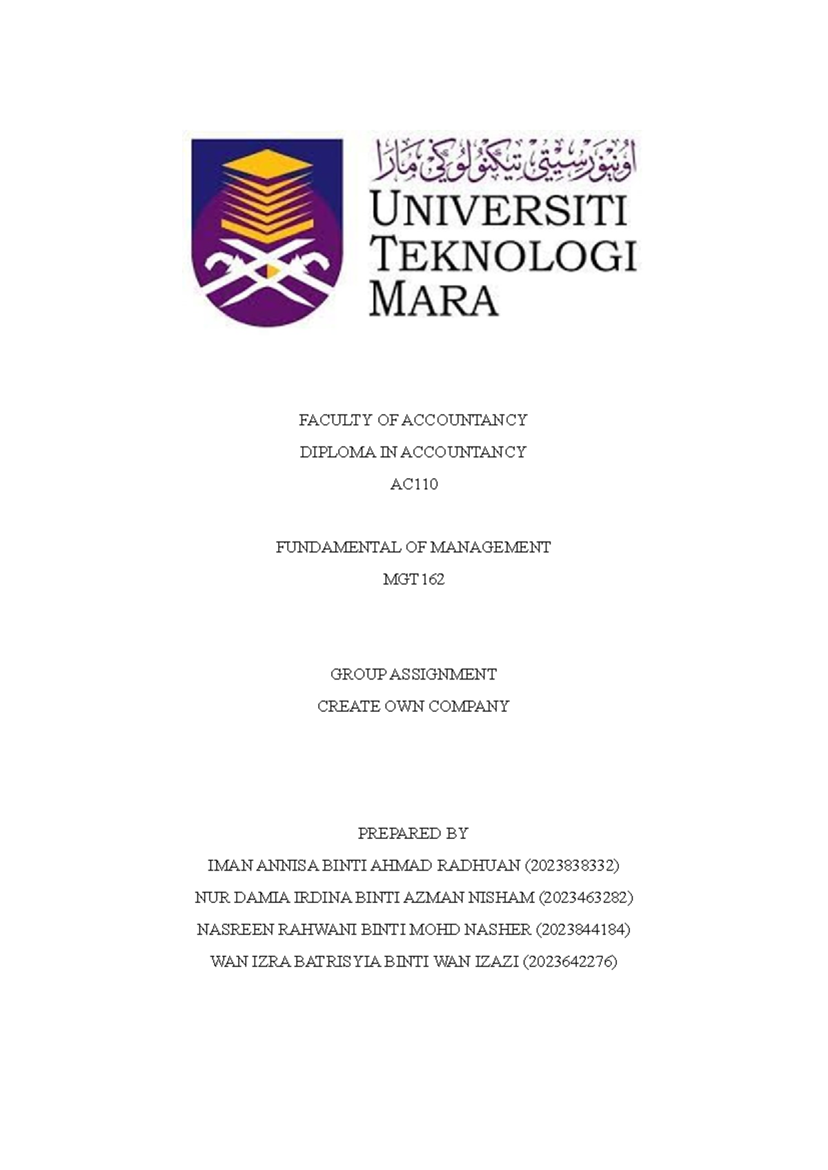 MGT 162 Grouping Assingment - FACULTY OF ACCOUNTANCY DIPLOMA IN ...