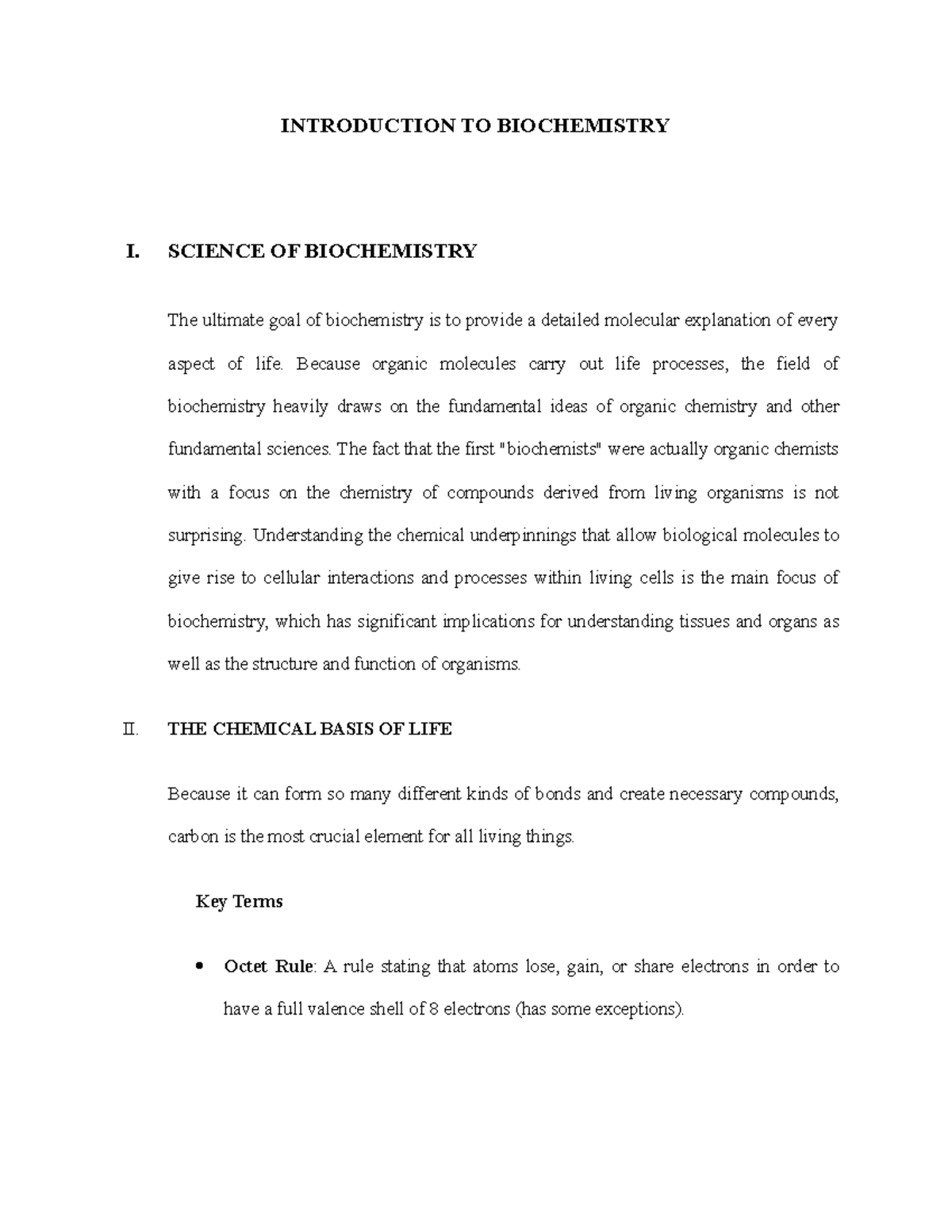 Introduction TO Biochemistry - INTRODUCTION TO BIOCHEMISTRY I. SCIENCE ...