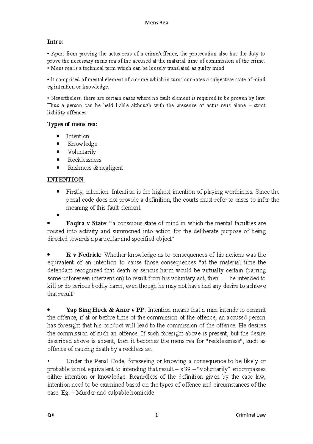 Mens Rea - Intro: Apart from proving the actus reus of a crime/offence ...