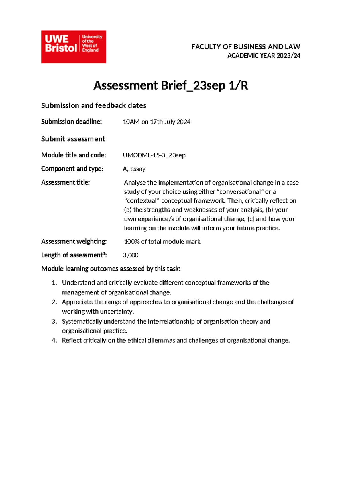 MOC assignment brief and guidance 23jan 1R - FACULTY OF BUSINESS AND LAW ACADEMIC YEAR 2023 ...