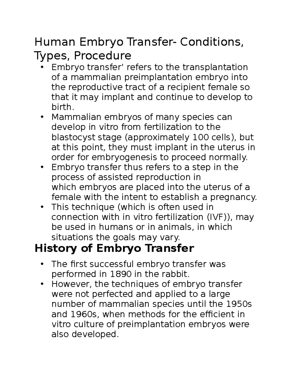 Bio 12 - notes - Human Embryo Transfer- Conditions, Types, Procedure ...