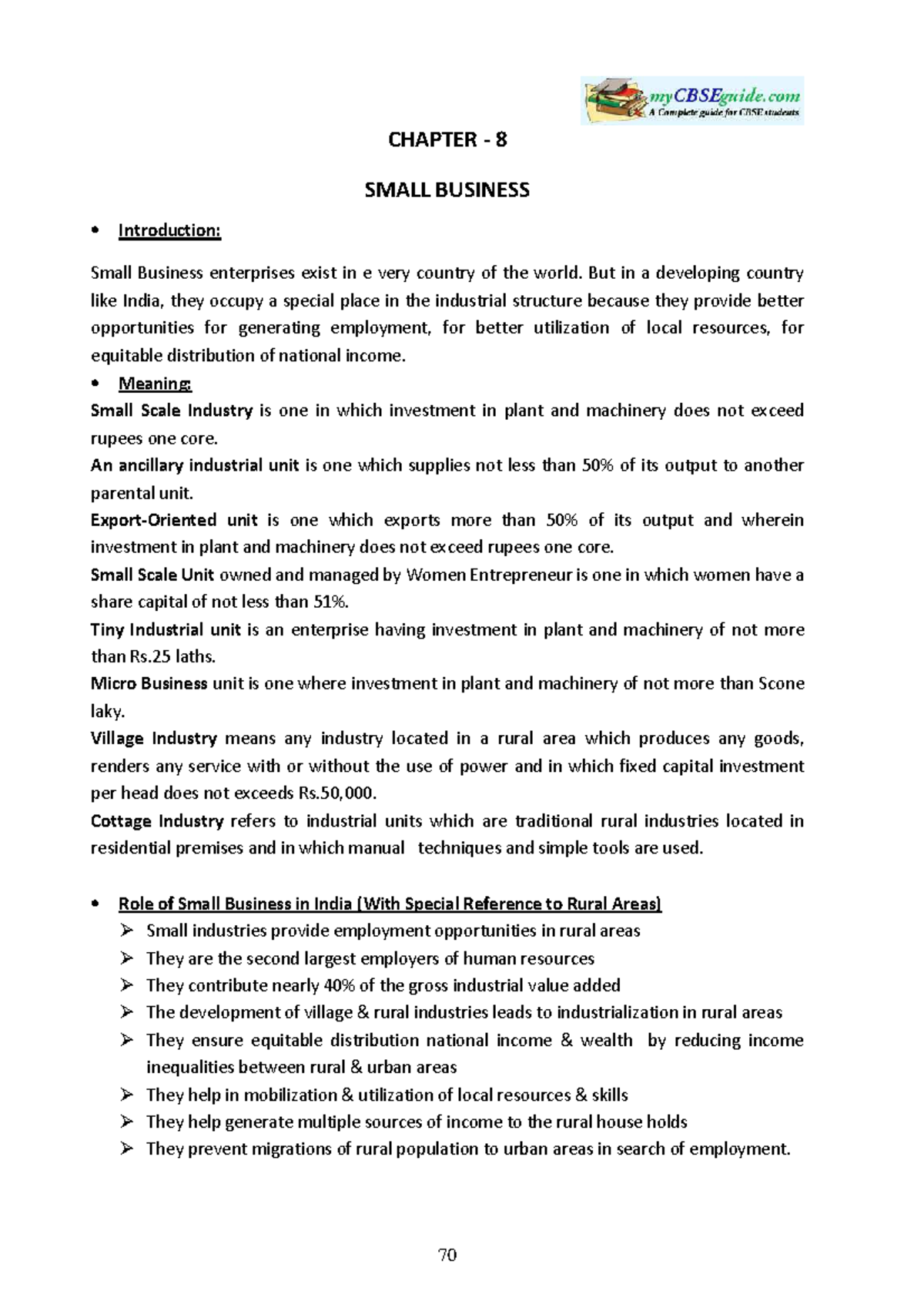 Business studies ch08 - CHAPTER - 8 SMALL BUSINESS Introduction: Small ...
