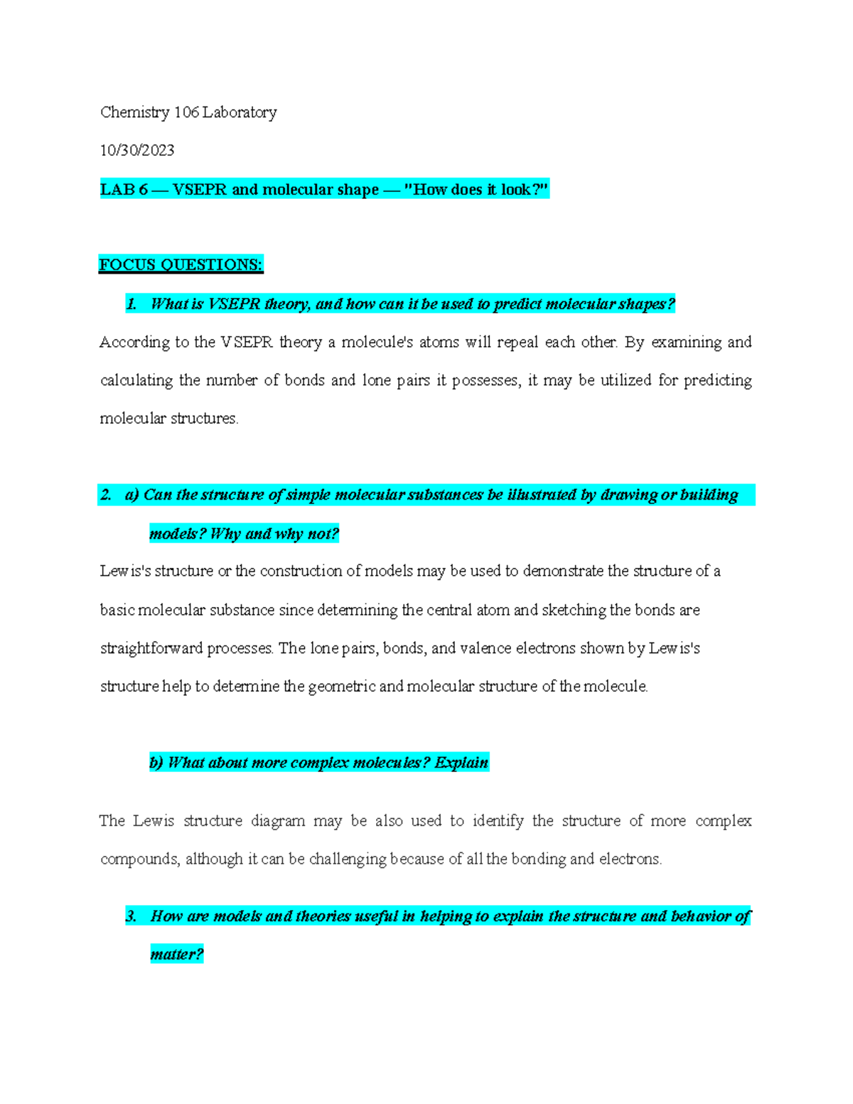 Chemistry 106 LAB 6 Report - Chemistry 106 Laboratory 10/30/ LAB 6 ...