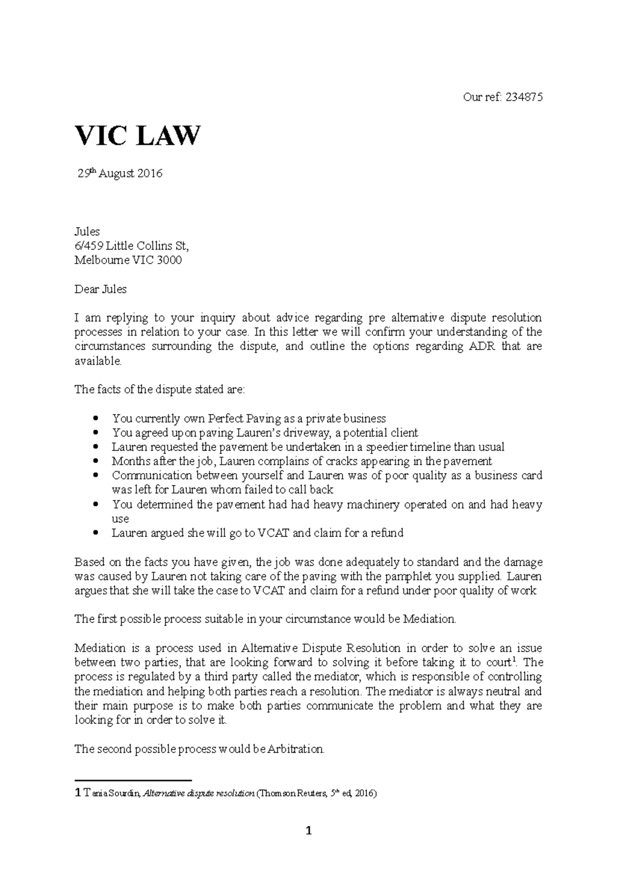 Draft advice ADR - Grade: 70/100 - Our ref: 234875 VIC LAW 29th August ...