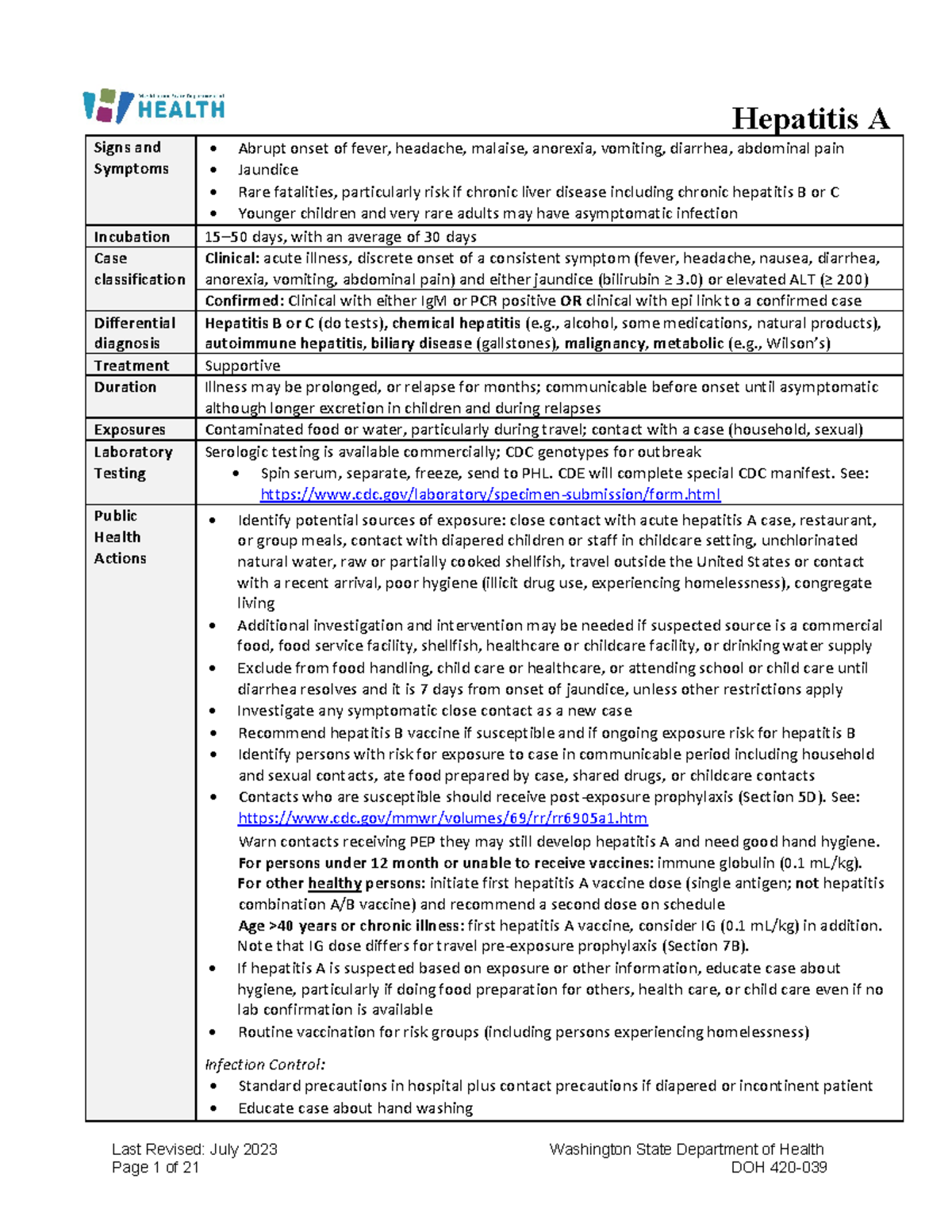 420 039 Guideline Hepatitis A - Last Revised: July 2023 Washington ...