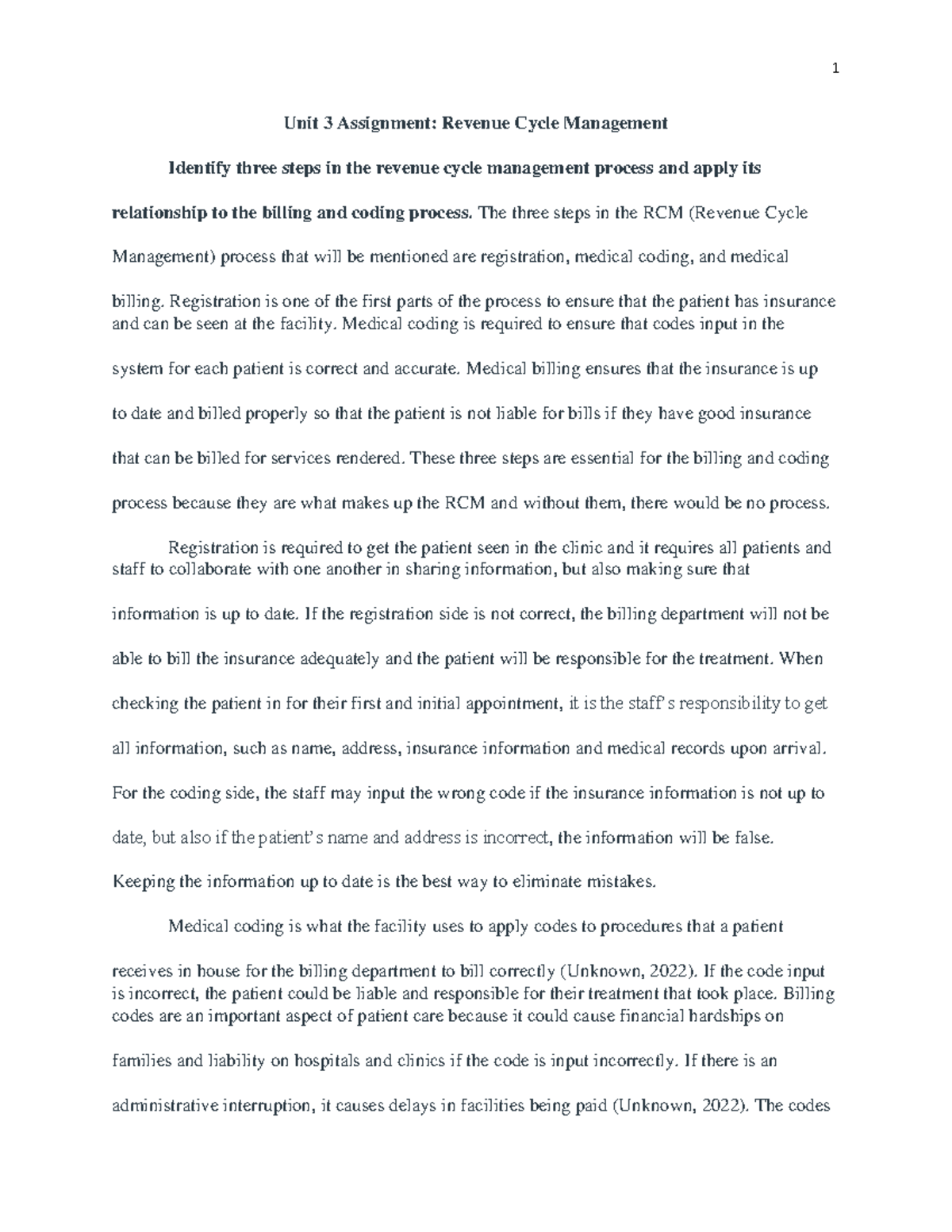 Unit 3 Assignment - HCA400 - Unit 3 Assignment: Revenue Cycle Management Identify three steps in ...