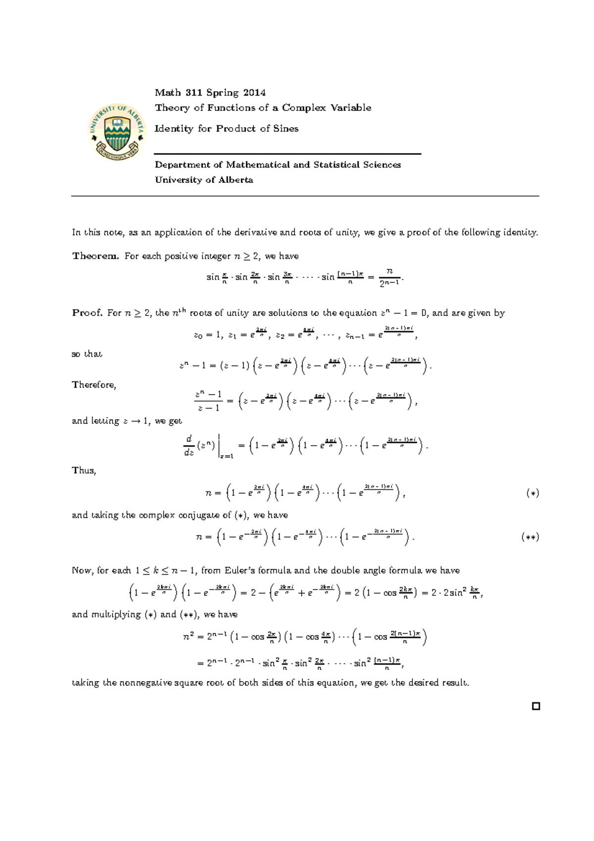 Sines - Math311 - Theory of Functions of a Complex Variable - UAlberta - StuDocu