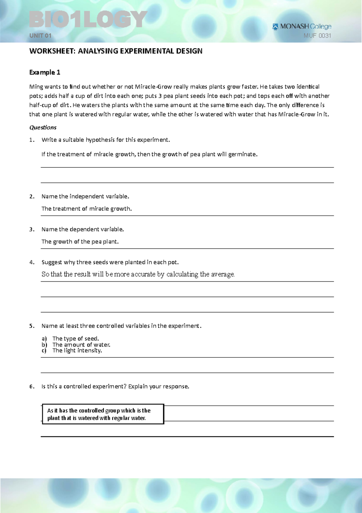 Worksheet 1 - BIO 1 LOGY UNIT 01 MUF 0031 WORKSHEET: ANALYSING ...