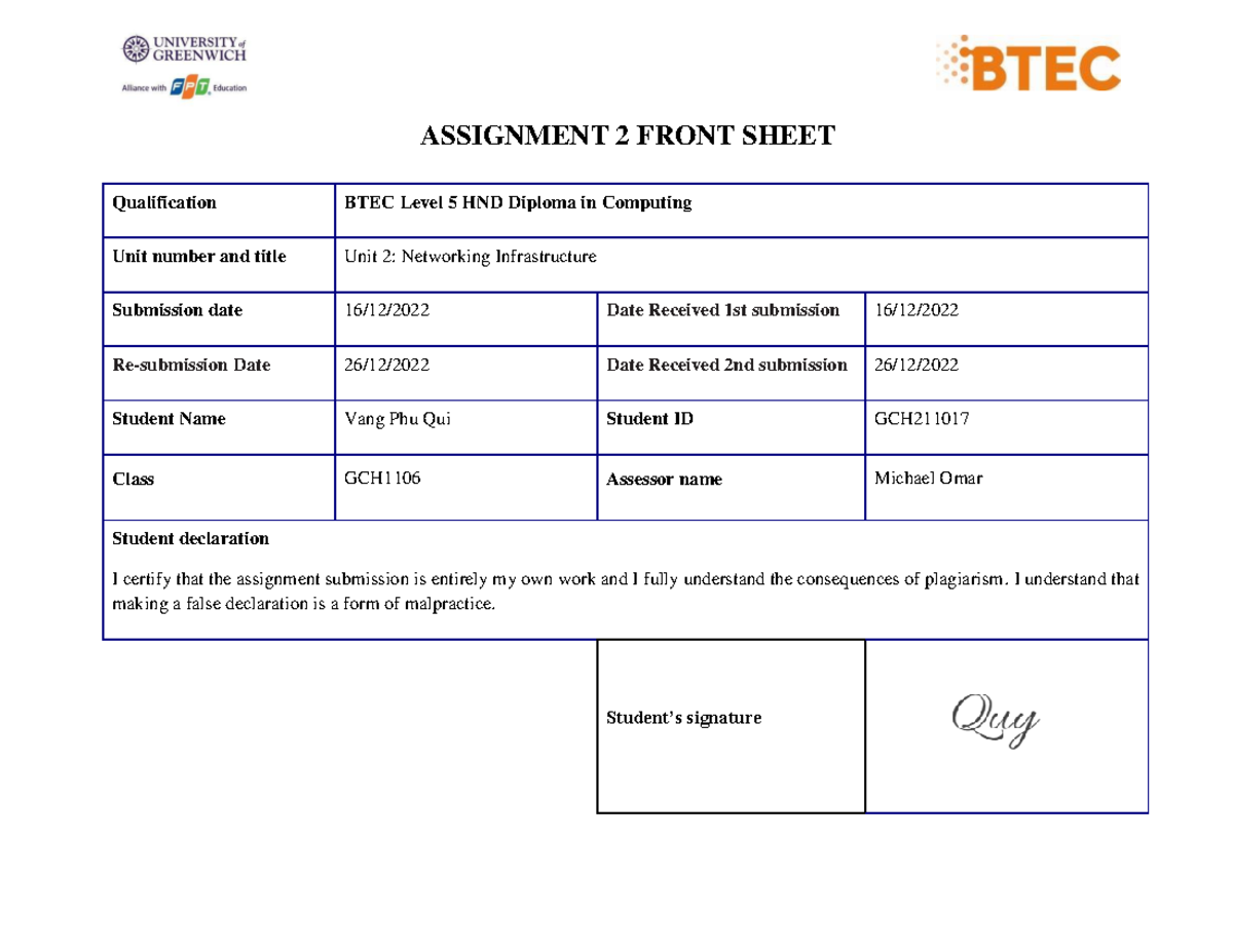 A2 networking-Vang Phu Qui - ASSIGNMENT 2 FRONT SHEET Qualification BTEC Level 5 HND Diploma in ...