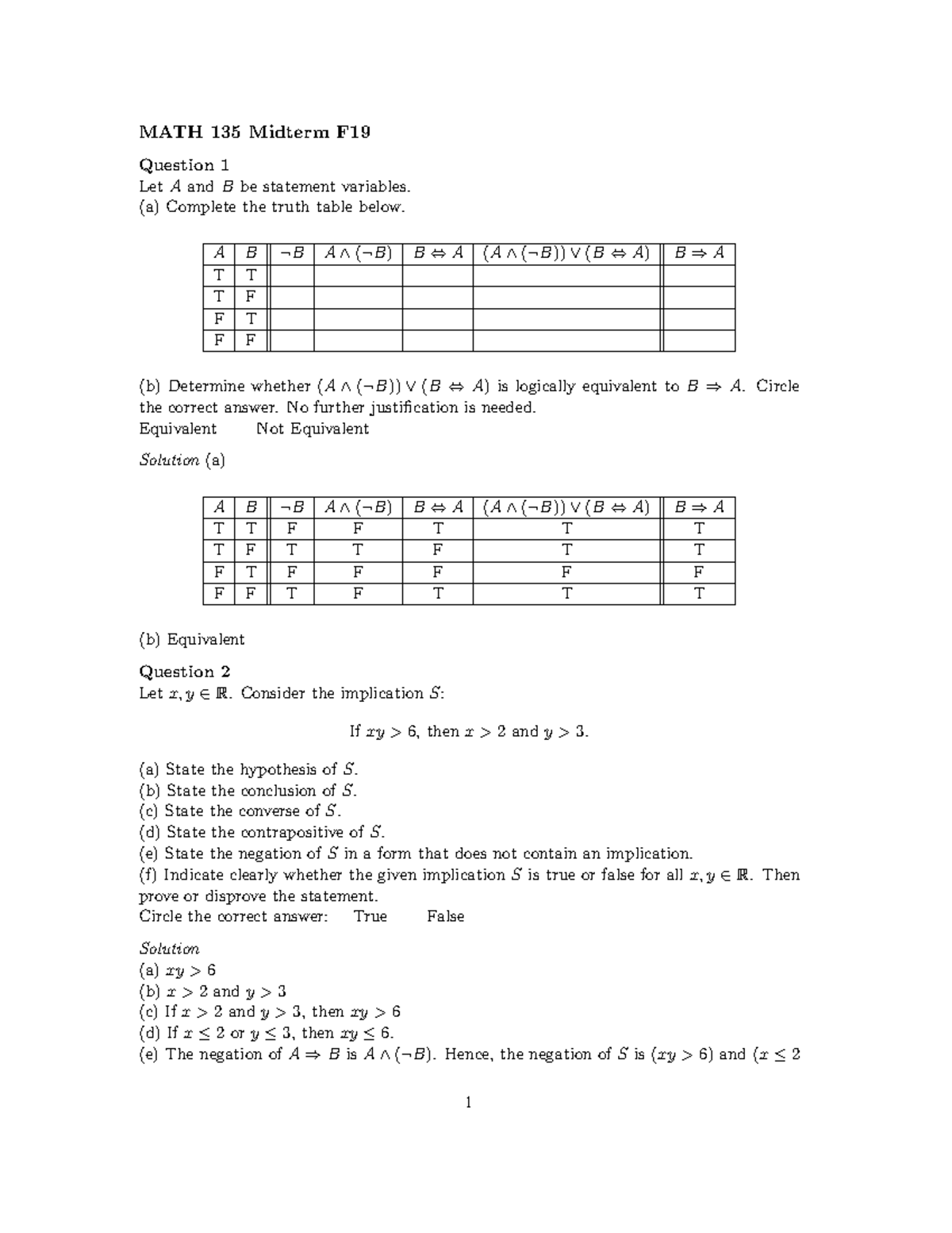 2019 Fall Midterm Answers - MATH 135 Midterm F Question 1 LetAandBbe statement variables. (a ...