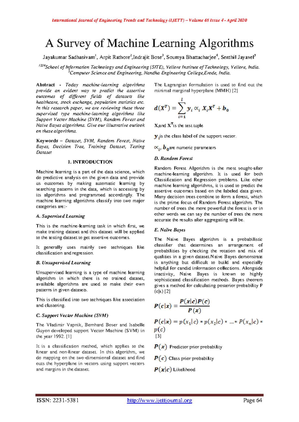 Ijett-V68I4P212S - Ml paper - A Survey of Machine Learning Algorithms ...