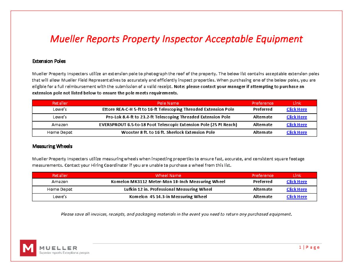 Mueller Reports Property Inspector Needed Equipment List - 1 | P a g e Mueller Reports Property ...