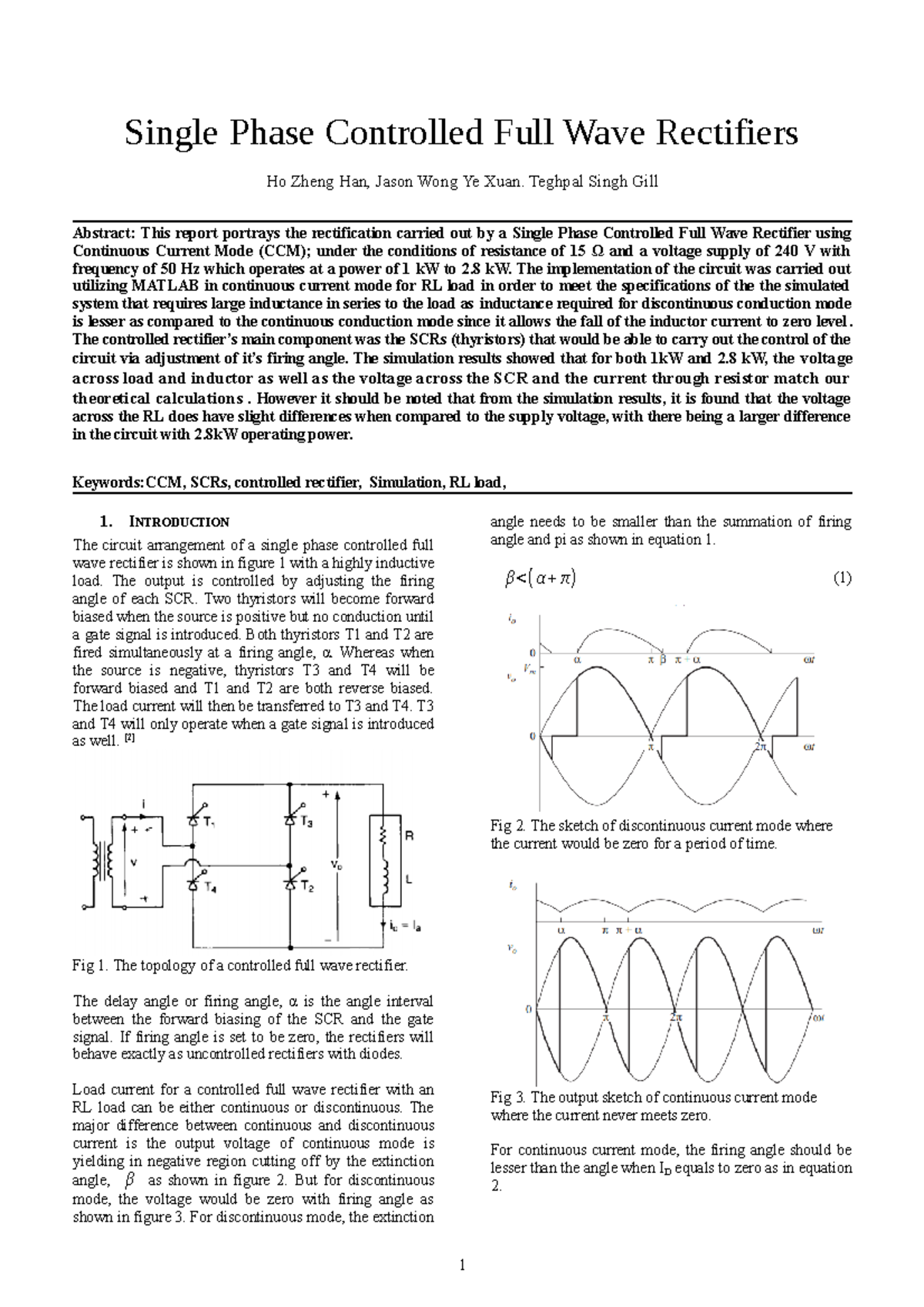 Assignment Report 1 - Single Phase Controlled Full Wave Rectifiers Ho ...