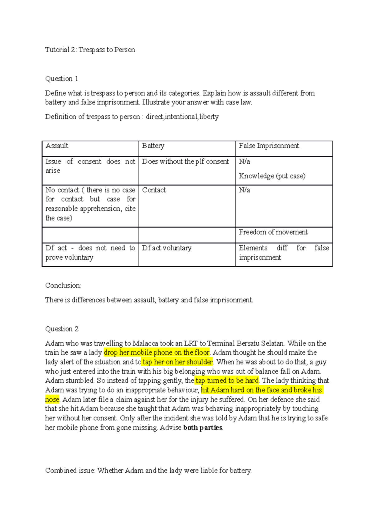 T2-Trespass to Person - Law of Torts 1 Tutorial 2 - Tutorial 2: Trespass to Person Question 1 ...