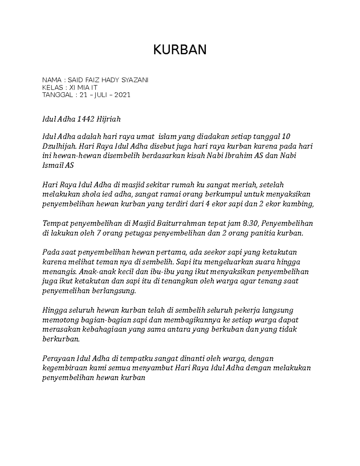 Kurban - SAID FAIZ HADY Syazani XI MIA it - KURBAN NAMA : SAID FAIZ ...