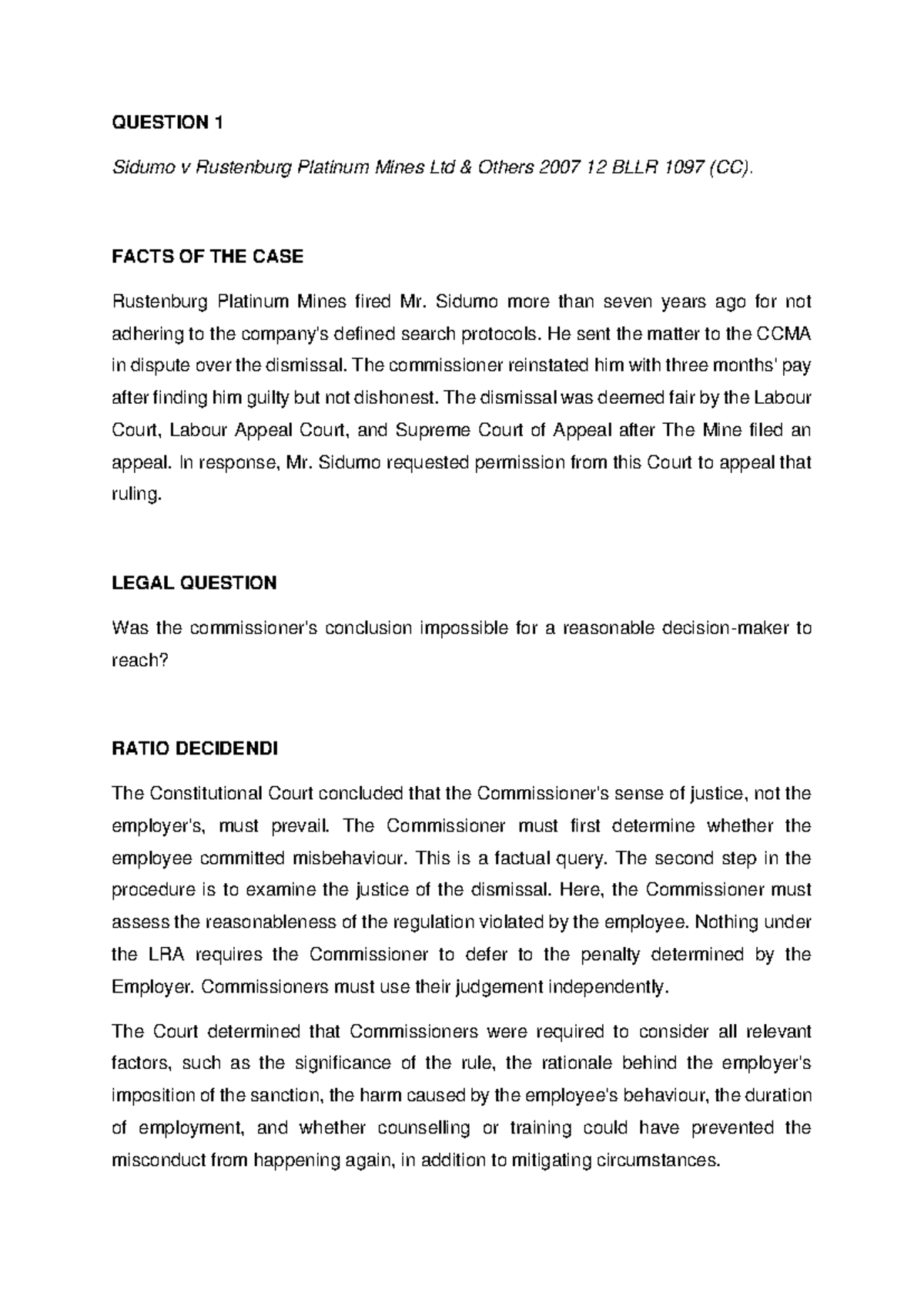 Question 2 OF IRM EXAM - QUESTION 1 Sidumo v Rustenburg Platinum Mines ...