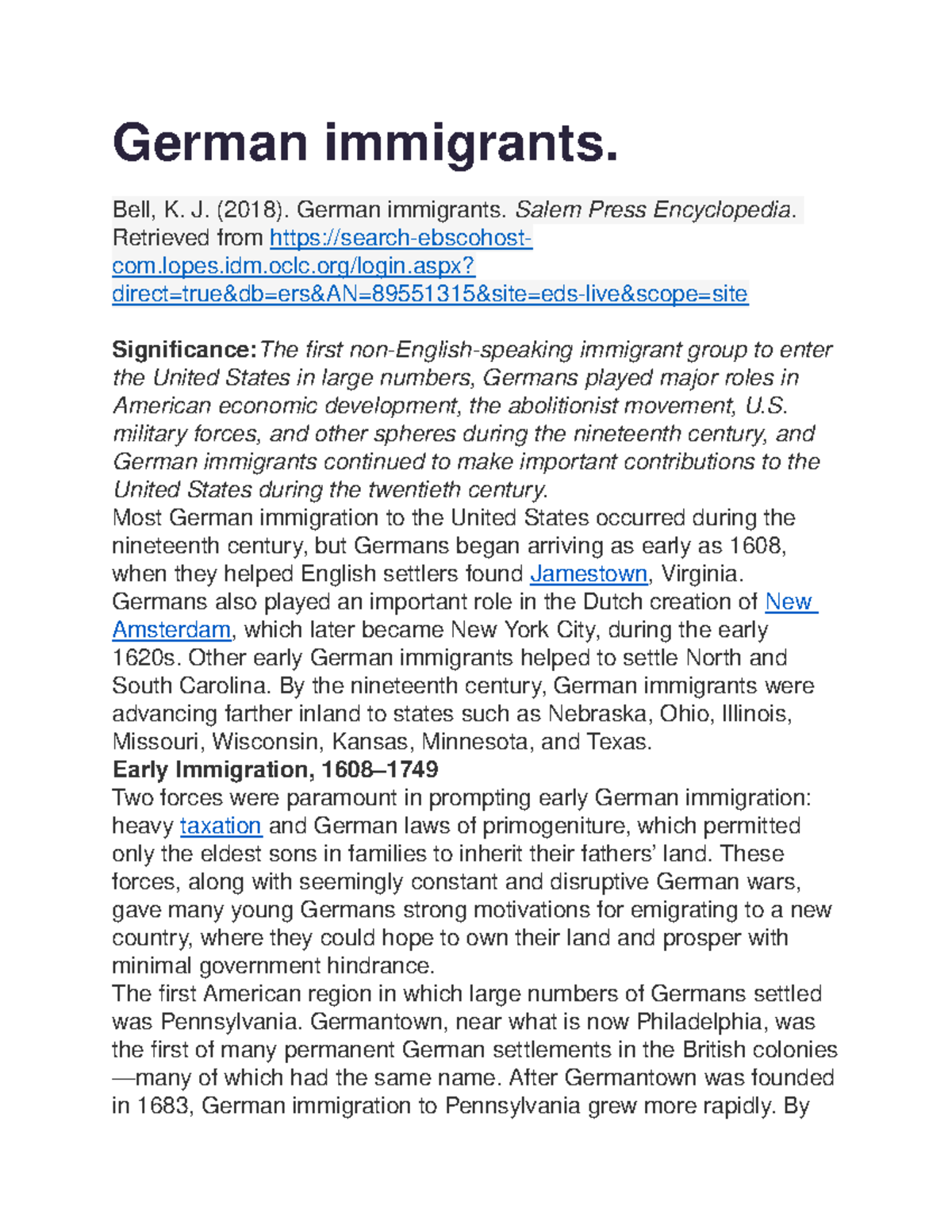 German immigrants Material - German immigrants. Bell, K. J. (2018 ...