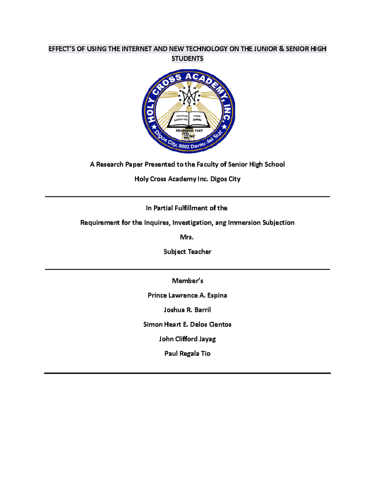 paperworks of the kids - EFFECT'S OF USING THE INTERNET AND NEW ...