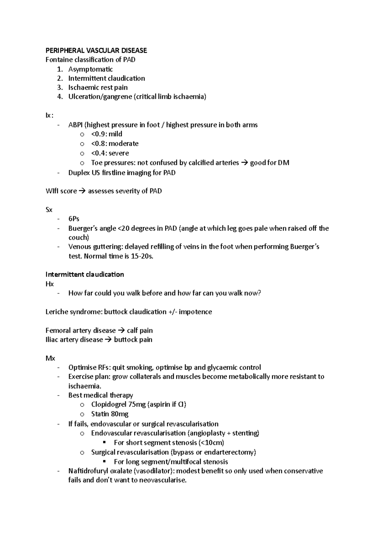 Finals notes on peripheral arterial disease - PERIPHERAL VASCULAR ...