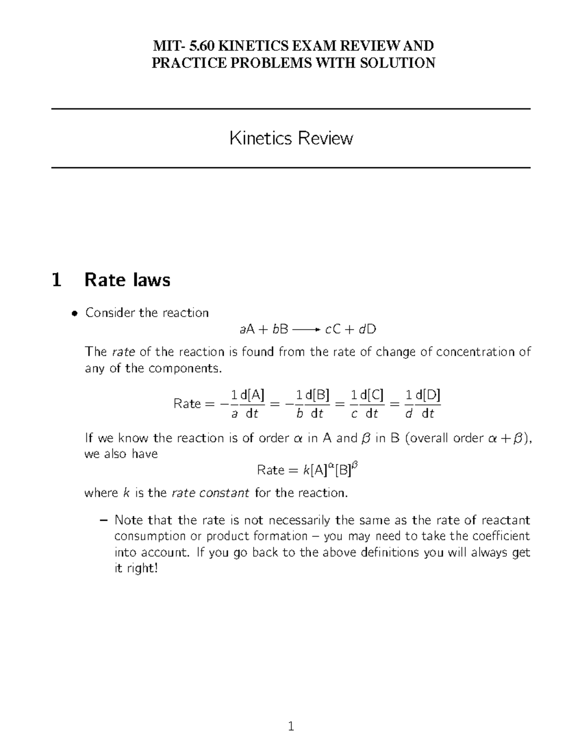 KINETICS EXAM REVIEW AND PRACTICE PROBLEMS WITH SOLUTION - Kinetics Review 5 Final Exam 1 Rate ...