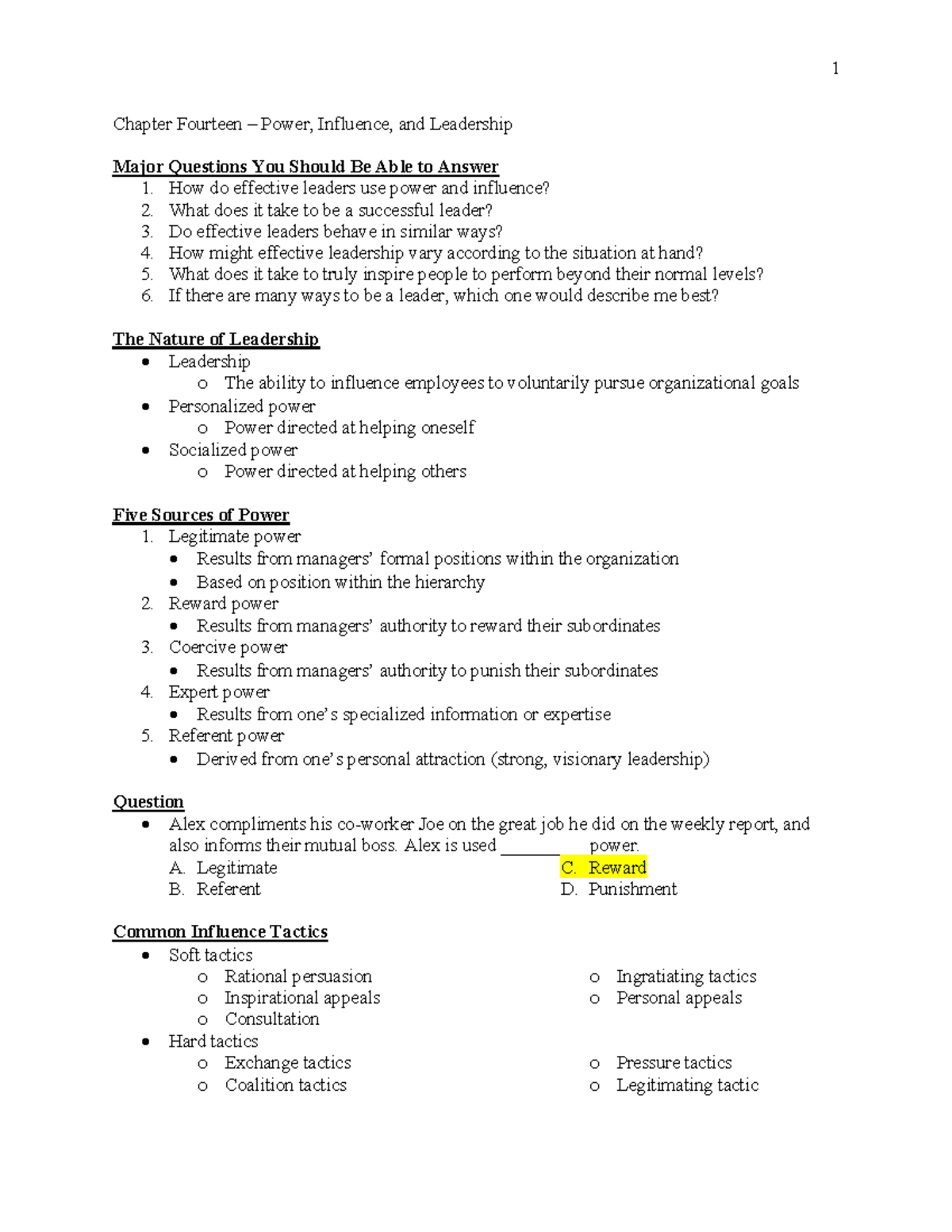 Chapter Fourteen – Power - 1 Chapter Fourteen – Power, Influence, and ...