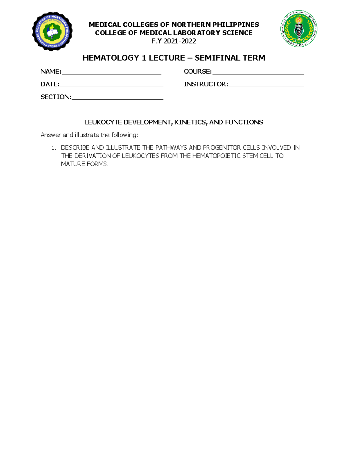 Hematology 1 Lecture Activity - COLLEGE OF MEDICAL LABORATORY SCIENCE F ...