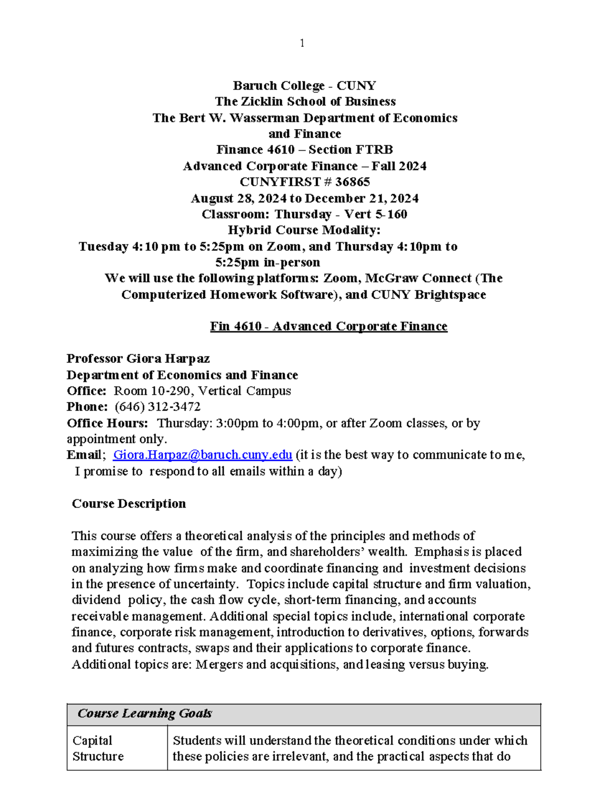 FIN 4610 - Section FTRB Syllabus Fall 2024 - Baruch College - CUNY The ...