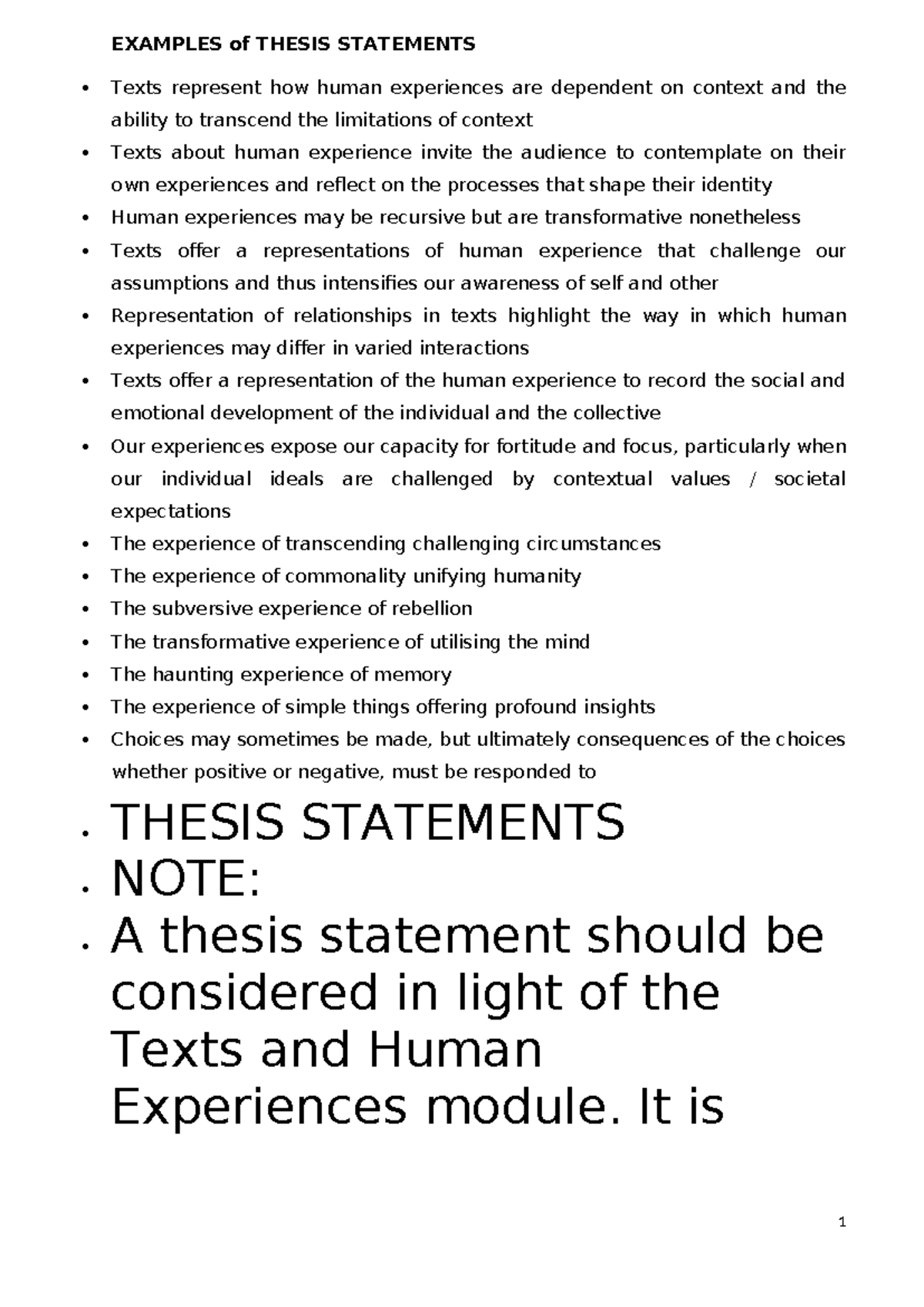 Thesis Statements & ORT - EXAMPLES of THESIS STATEMENTS Texts represent ...