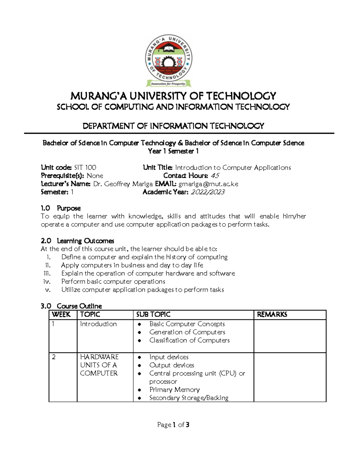 SIT100 Course Outline-1 - Page 1 of 3 MURANG’A UNIVERSITY OF TECHNOLOGY ...