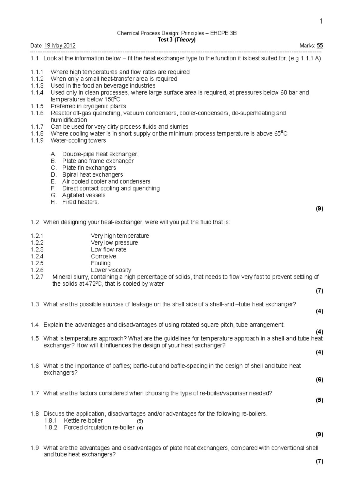 CPB3B Test3a and memo S1 2012 - Chemical Process Design: Principles ...