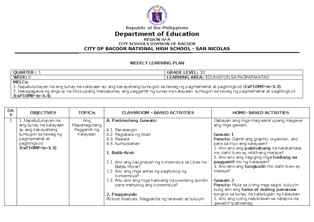 Weekly Learning Plan - Department of Education REGION IV-A CITY SCHOOLS ...