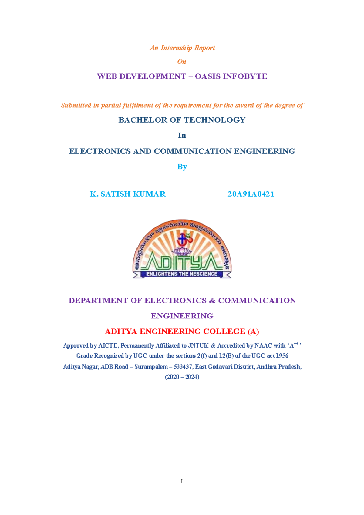 20A91A0421 Report - asegase - An Internship Report On WEB DEVELOPMENT ...