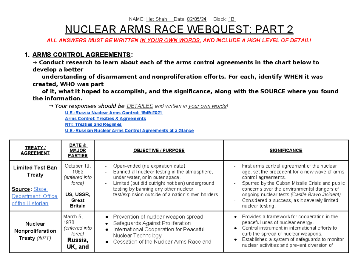 Het Shah - Nuclear Weapons Webquest Pt2 - NAME: Het Shah Date: 02/05/24 ...