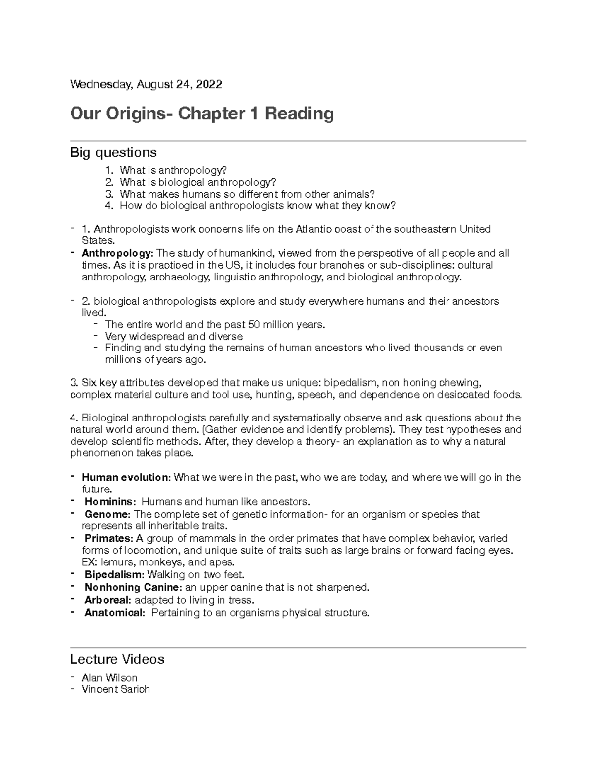ANTH 1020 Notes - Wednesday, August 24, 2022 Our Origins- Chapter 1 ...