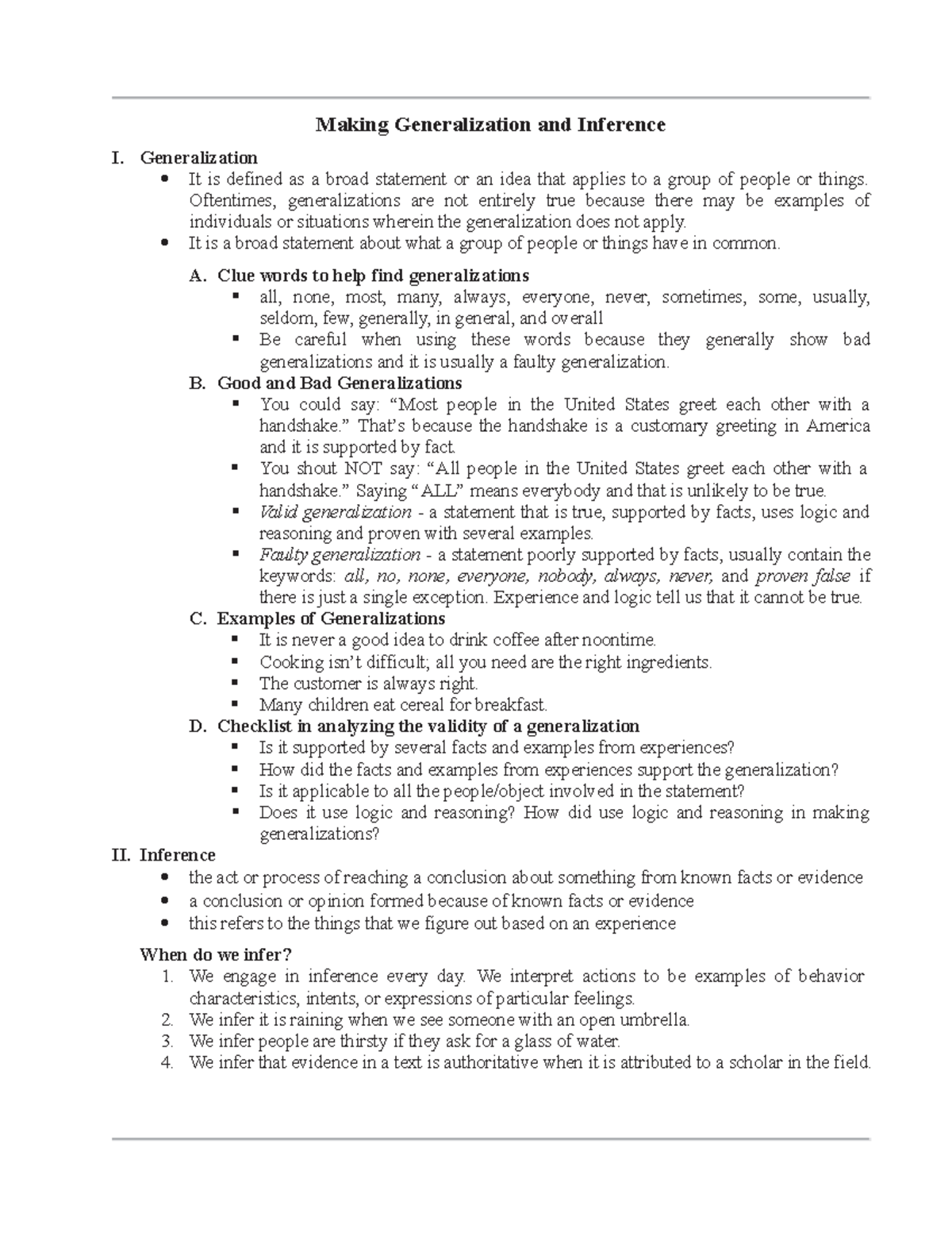 Making Generalization And Inference I Generalization Making