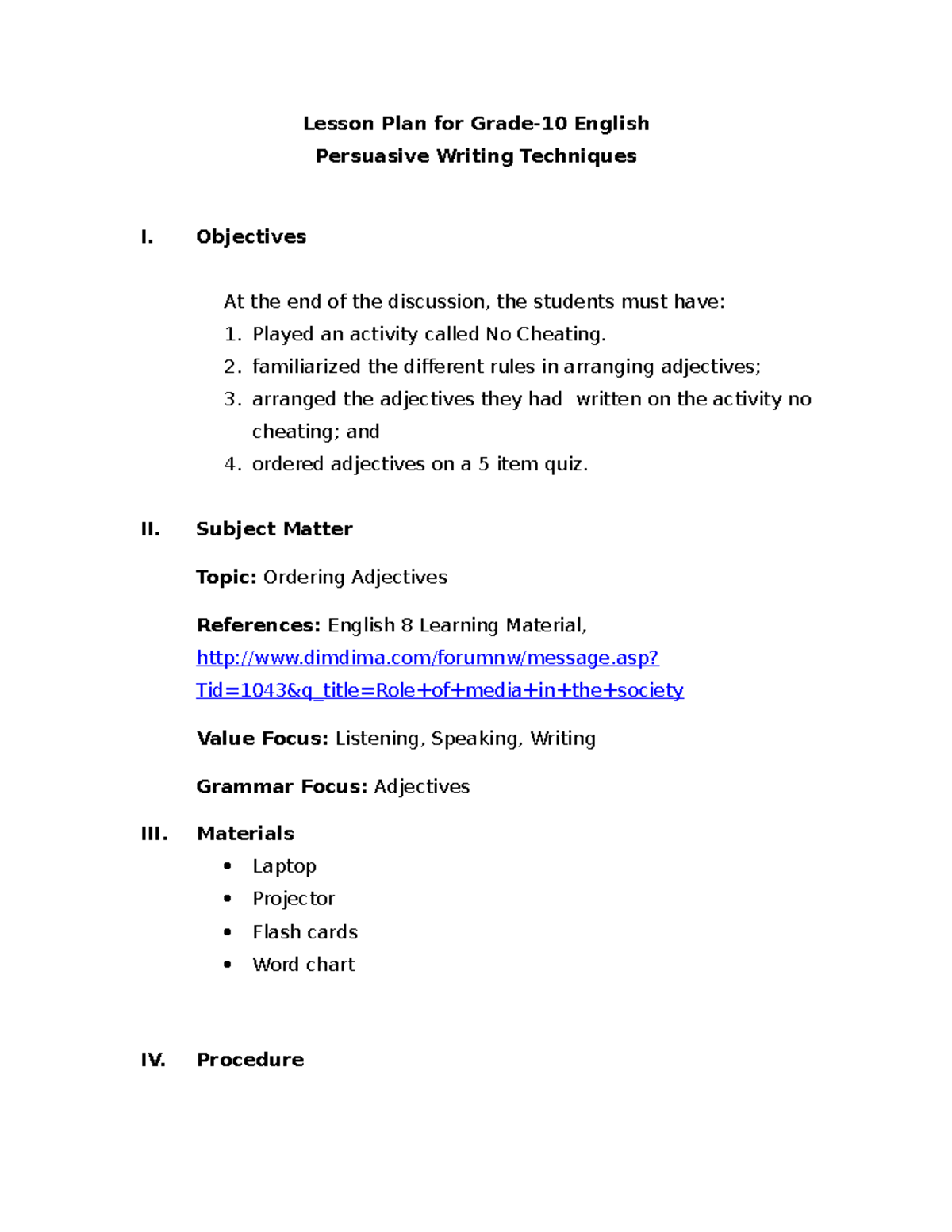 Teaching DEMO - handouts - Lesson Plan for Grade-10 English Persuasive ...