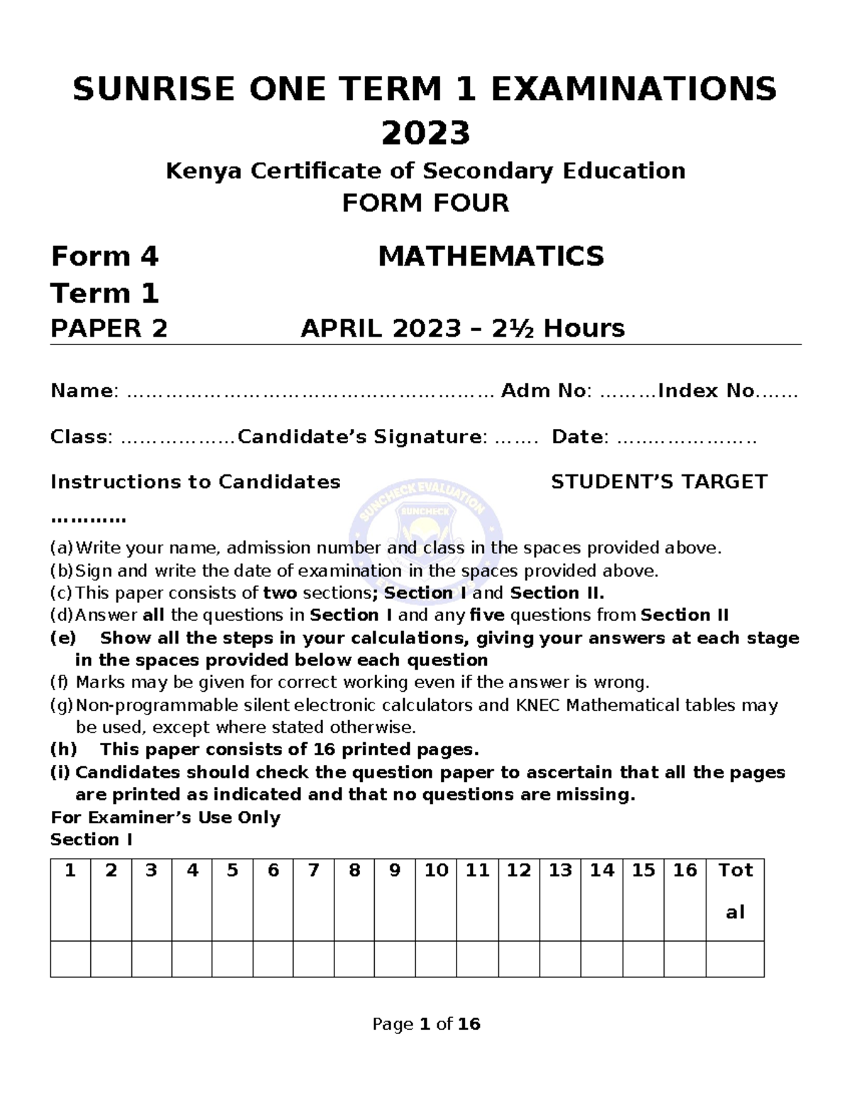 121 Mathematics PP2 QS - revision material - SUNRISE ONE TERM 1 ...