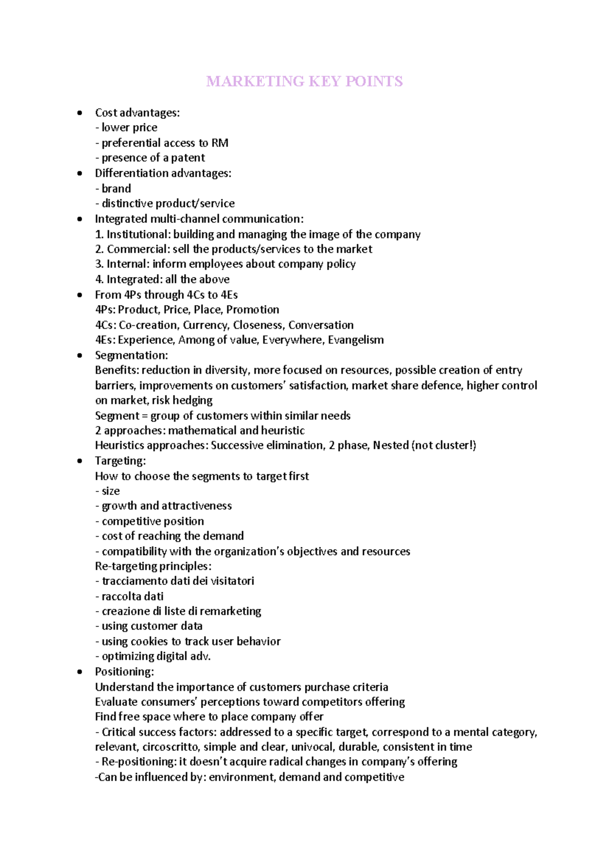 Marketing KEY Points elenco puntato - MARKETING KEY POINTS Cost ...