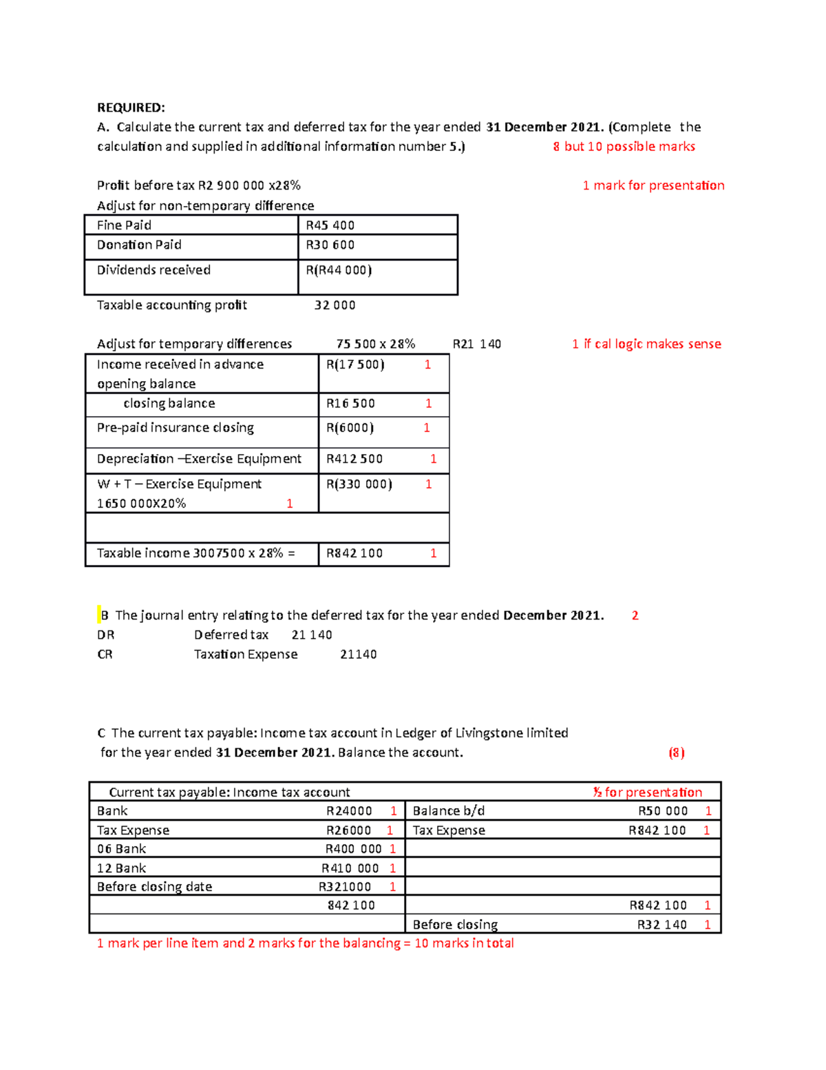 Test 1 Question 2 Solution - REQUIRED: A. Calculate the current tax and ...