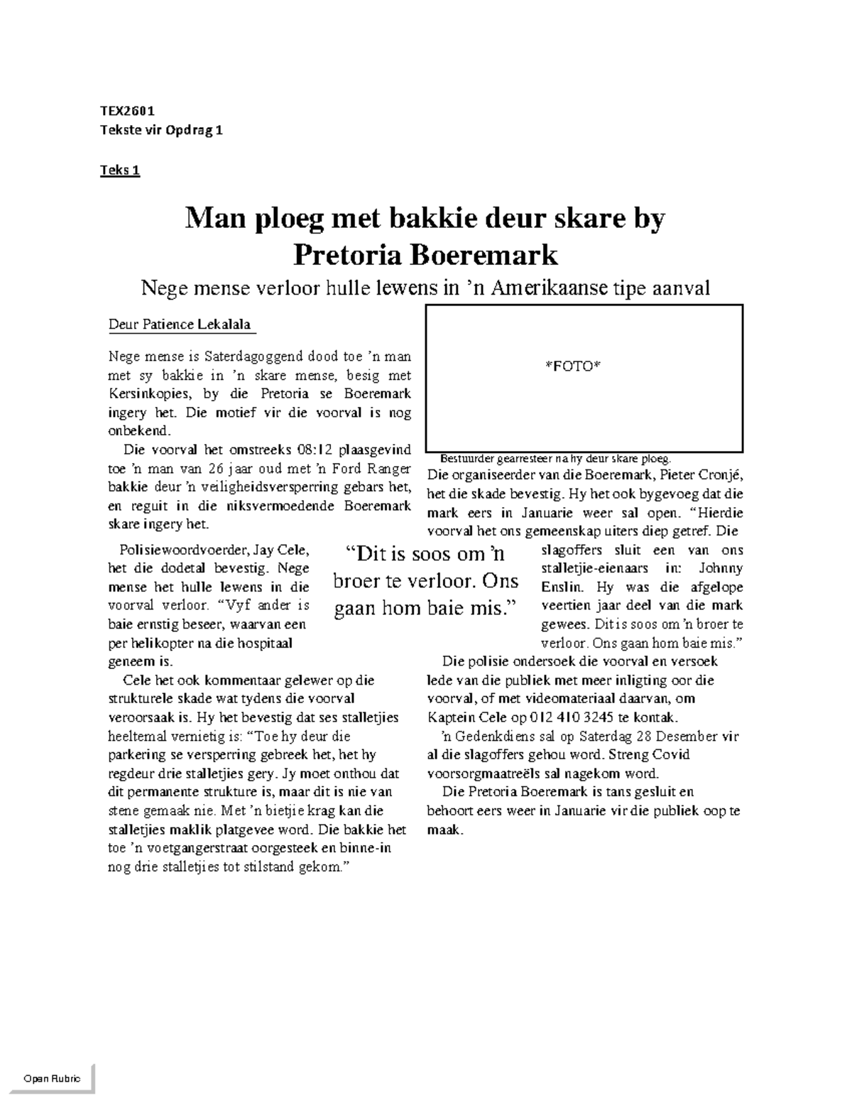 TEX2601 Tekste vir Opdrag 1 - TEX Tekste vir Opdrag 1 Teks 1 Man ploeg ...