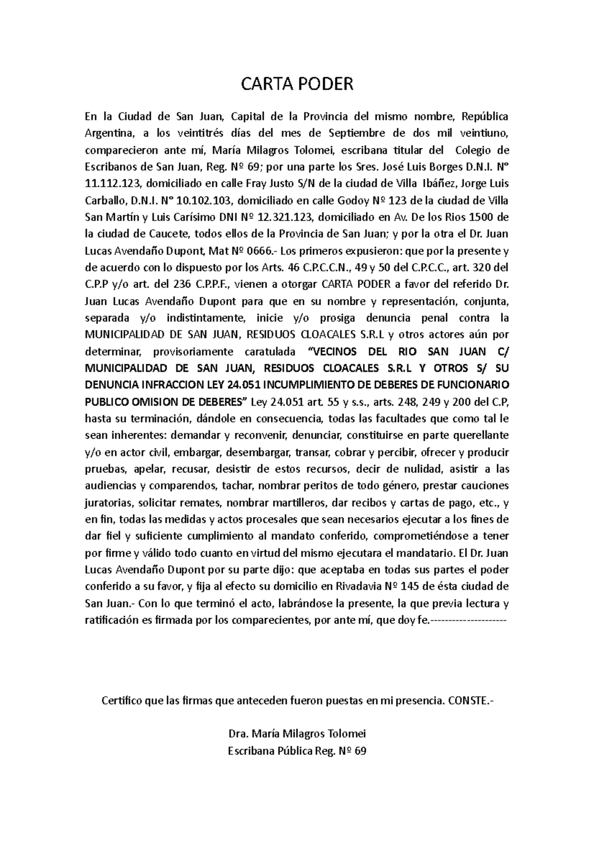 1- Poder Especial Denuncia Penal - CARTA PODER En la Ciudad de San Juan ...