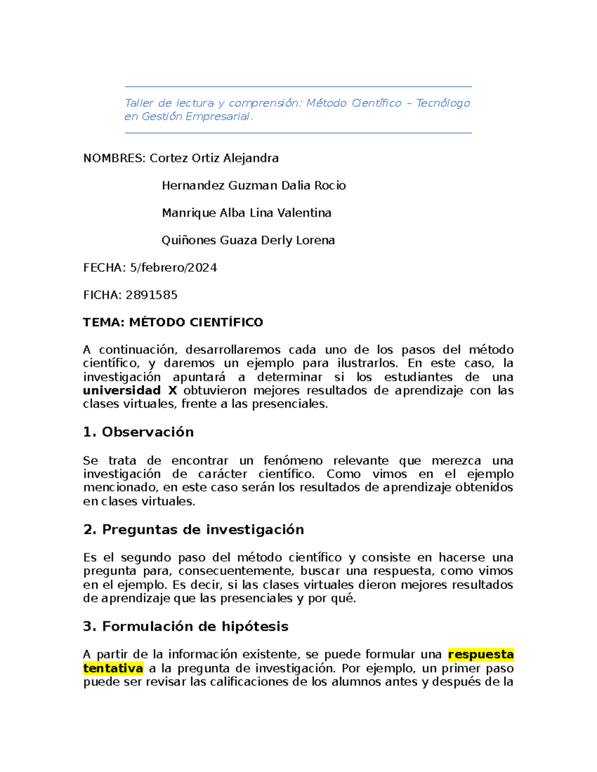 Taller de lectura y comprensión del Método Científico 2 1 - Taller de ...