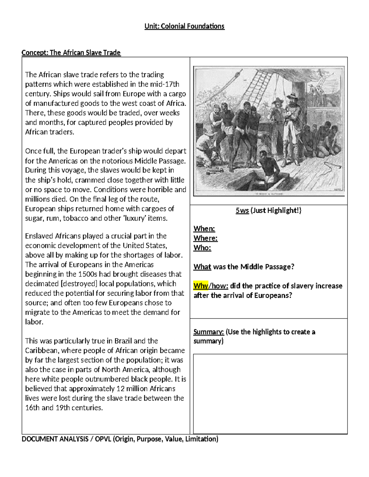 African Slave Trade Background Readingwith Questions-1 - Unit: Colonial ...
