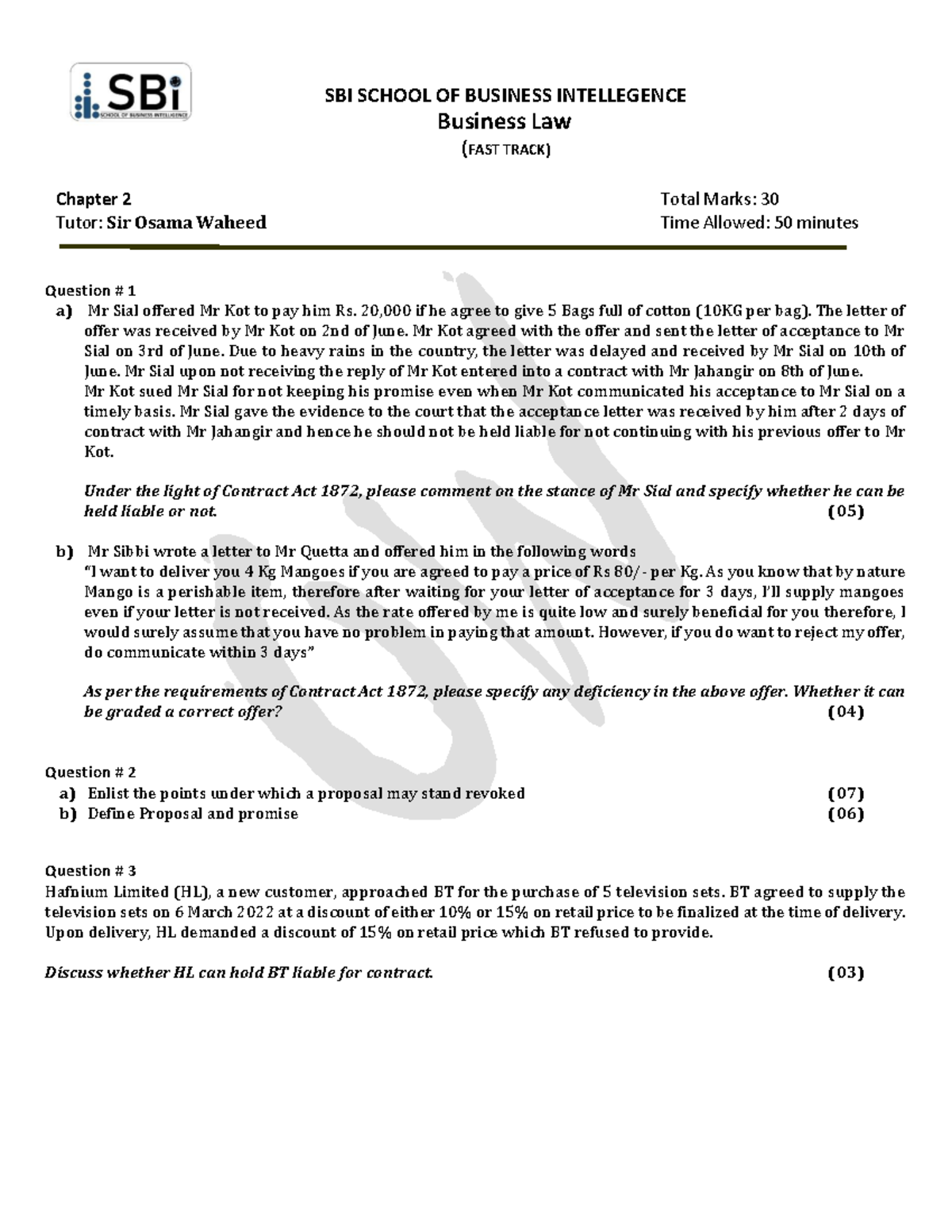 Test 1 QP - notes - SBI SCHOOL OF BUSINESS INTELLEGENCE Business Law ...