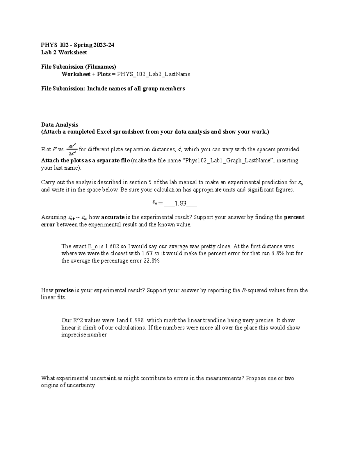 PHYS 102 Lab 2 Electrostatic Force Between Charged Parallel Plates ...